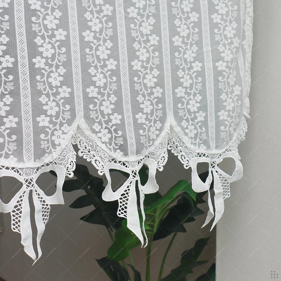 French Lace Short Curtain, White Floral Valance With Bow Decor ,velcro ...