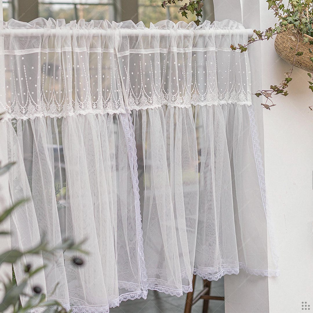 White Lace Embroidered Sheer Curtain, Romantic Valance Panel for ...
