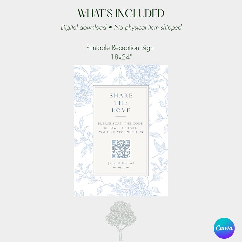 Blue Toile Wedding Photo Sharing QR Code Sign (canva Template) - Etsy
