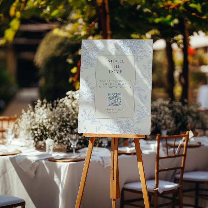 Blue Toile Wedding Photo Sharing QR Code Sign (canva Template) - Etsy