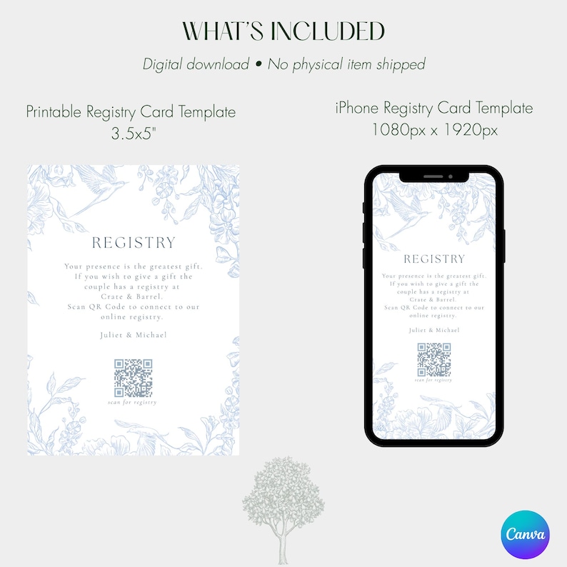 Editable Wedding Registry Card Template • Blue Toile Design • QR Code ...