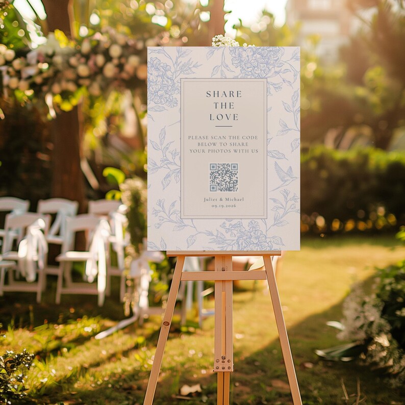 Blue Toile Wedding Photo Sharing QR Code Sign (canva Template) - Etsy