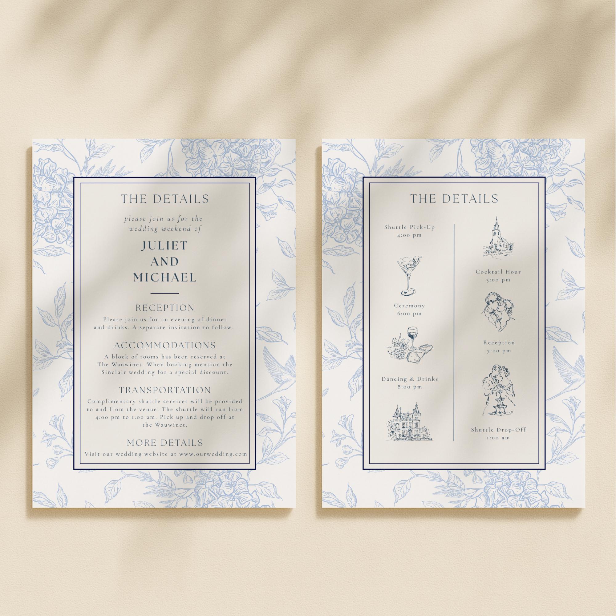 Editable Wedding Details Card, Blue Toile Invitation, Nantucket Wedding ...