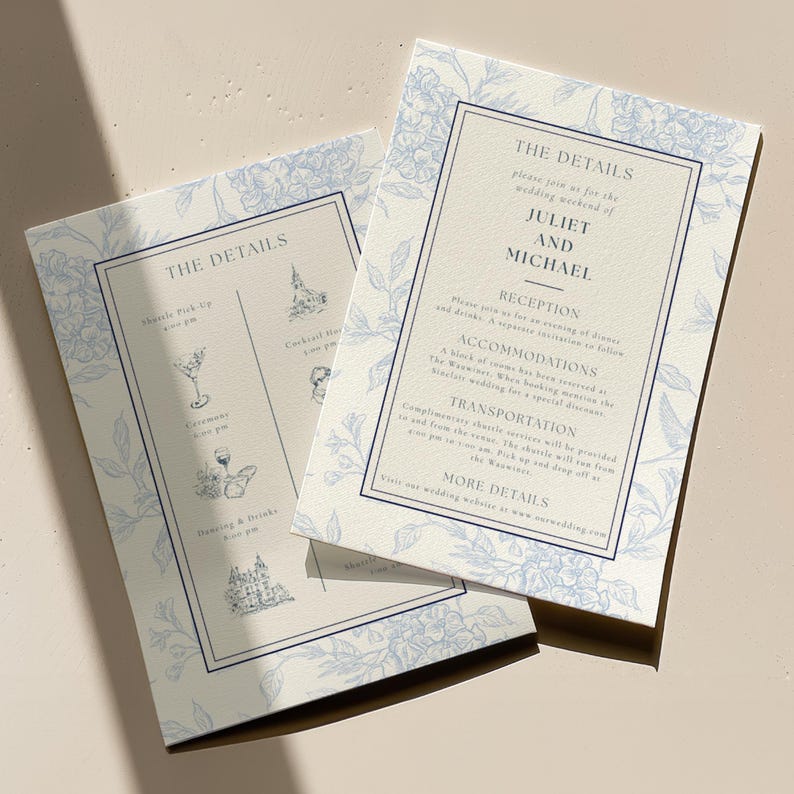 Editable Wedding Details Card, Blue Toile Invitation, Nantucket Wedding ...
