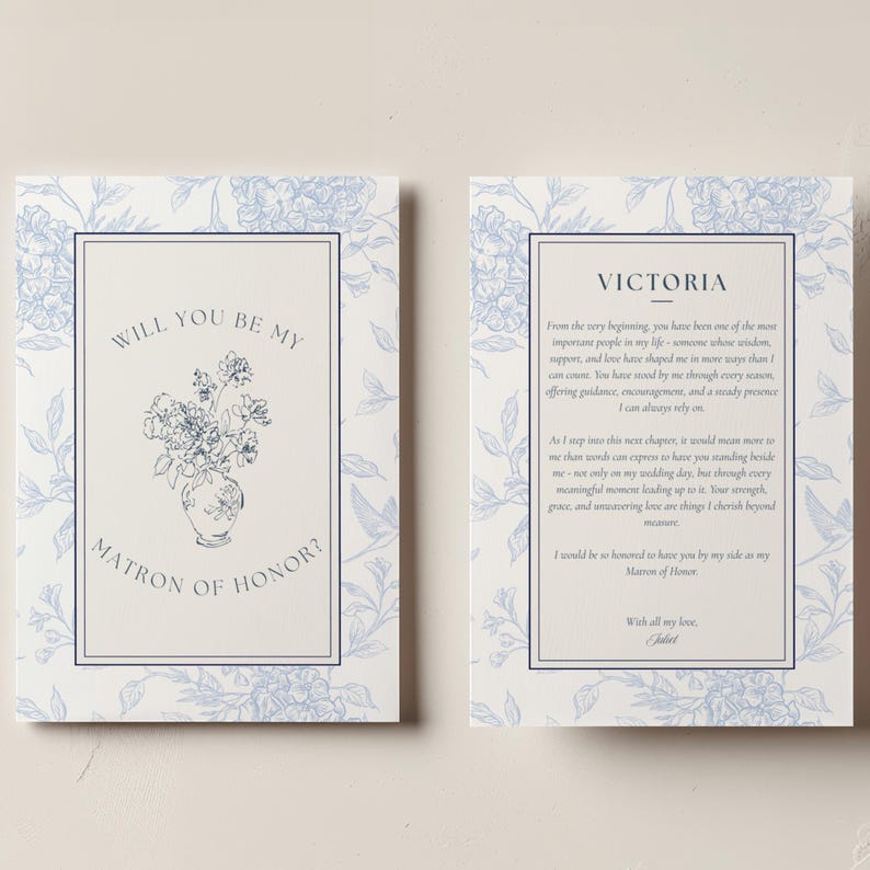 Editable Matron of Honor Proposal Card, Blue Toile, Floral Wedding ...