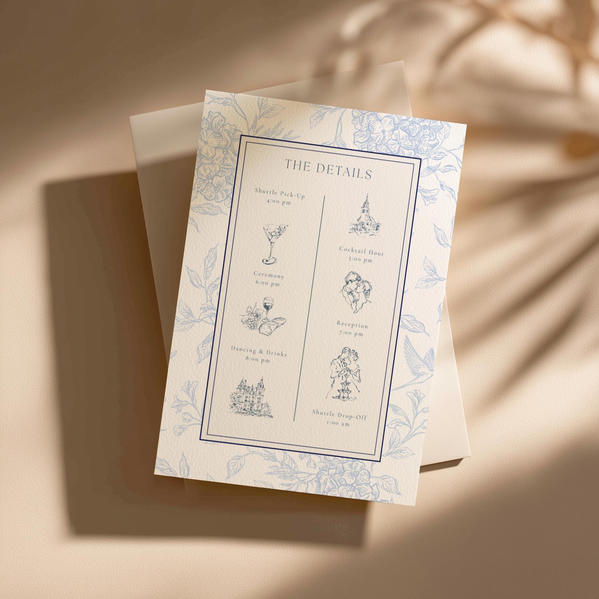 Editable Wedding Details Card, Blue Toile Invitation, Nantucket Wedding ...