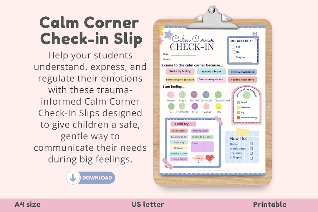 Calm Corner Check-in Slips | SEL Classroom Tools | Emotional Regulation ...