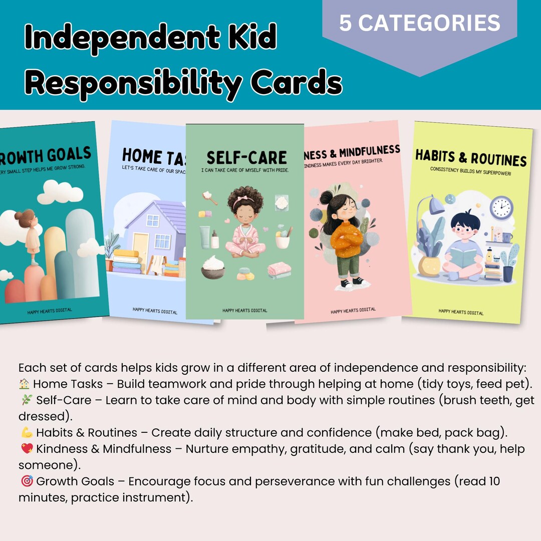 Printable Responsibility Cards for Kids, Build Independence, Confidence ...