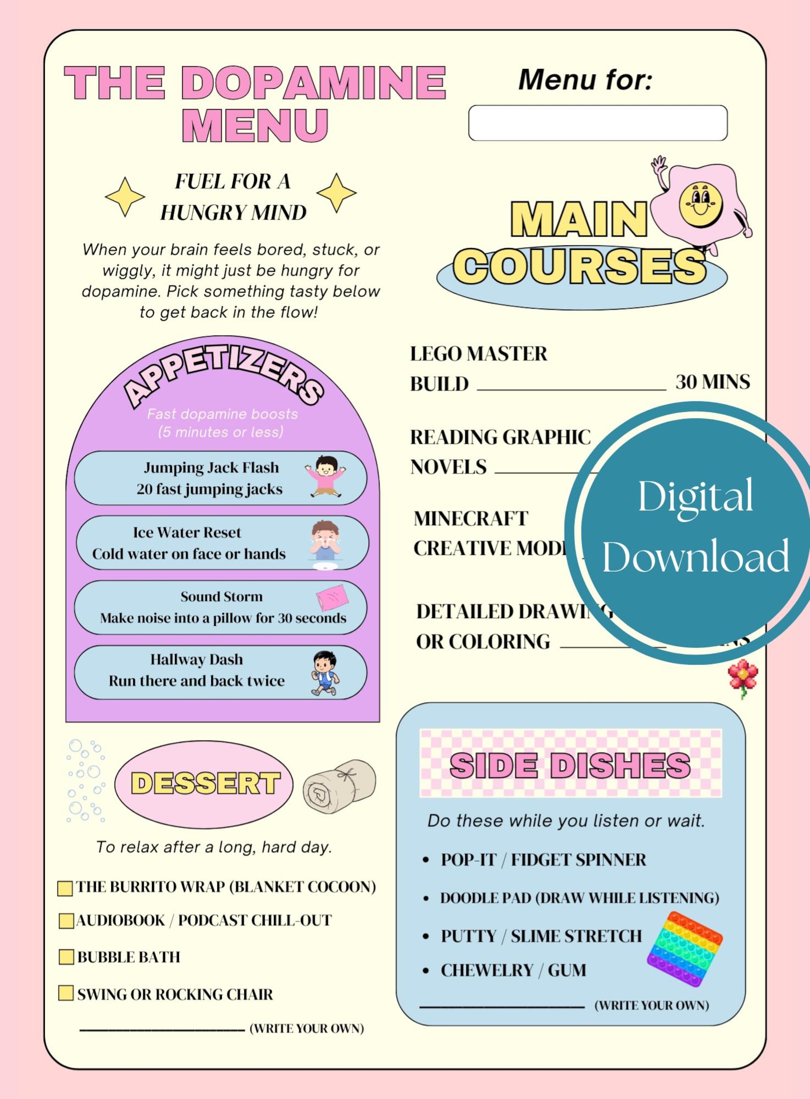 Dopamine Menu for Kids – ADHD Self-regulation Printable, Executive ...