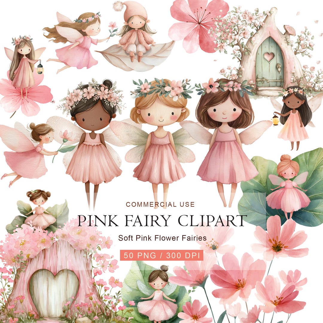 Fairy Watercolor Clipart Set – Pink Flower Fairies, Cottage House ...