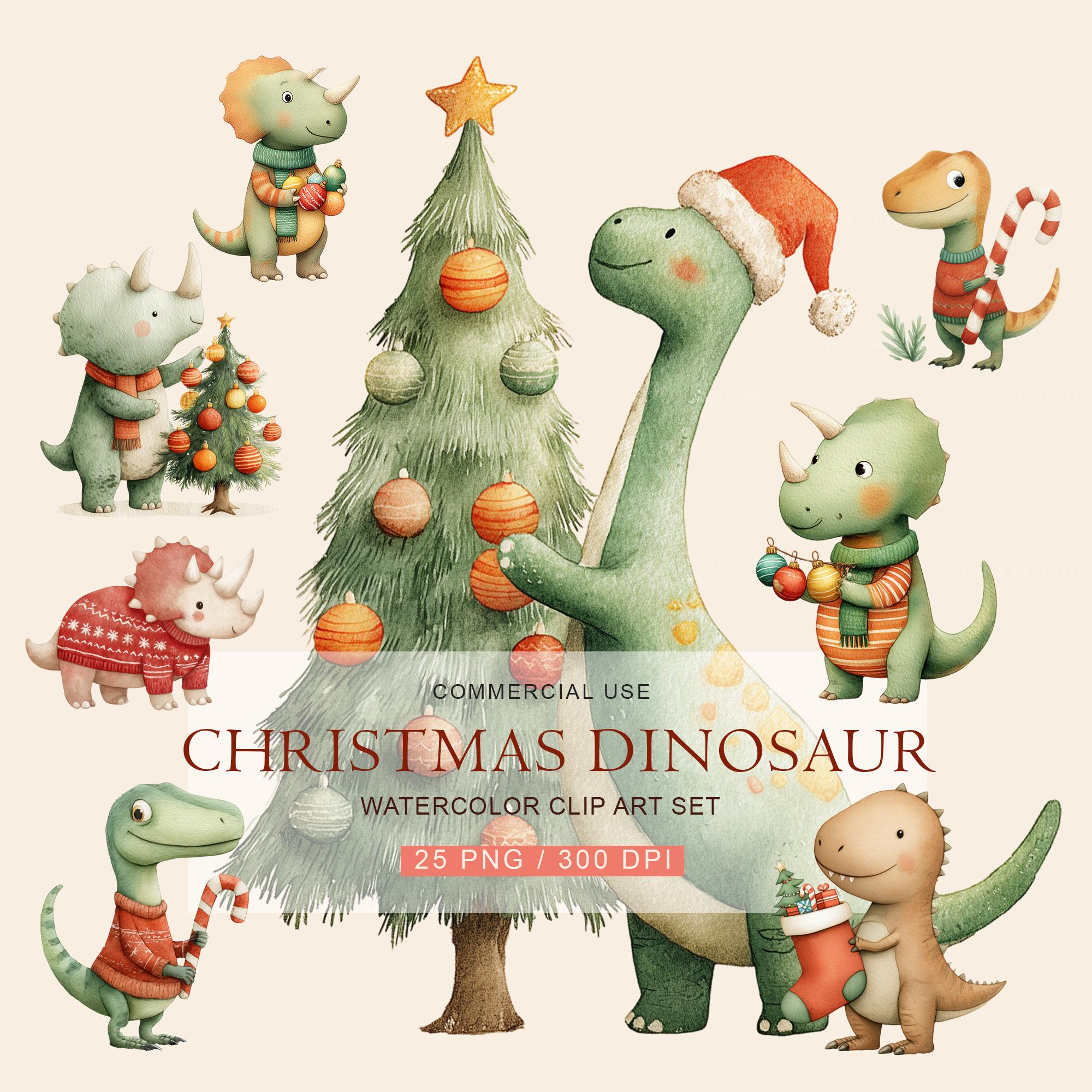 Christmas Dinosaur Clipart Set – Watercolor Dinosaurs Decorating ...