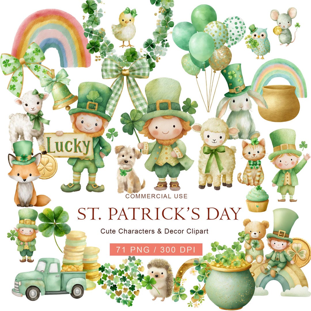 St. Patrick's Day Clipart | Leprechaun Kids, Animals (PNG) - Etsy