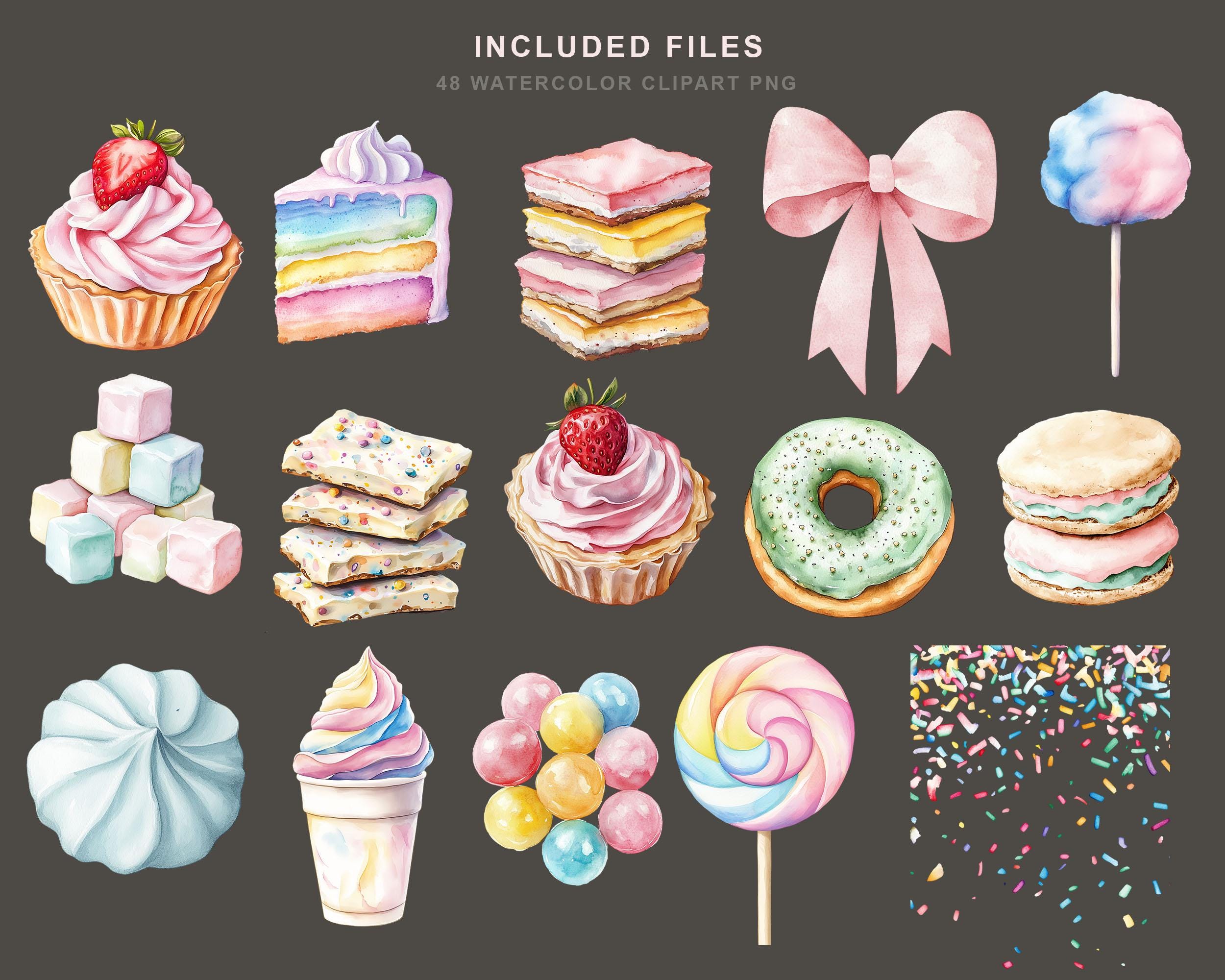Pastel Watercolor Dessert Clipart Bundle, Sweet Treats PNG, Bakery ...