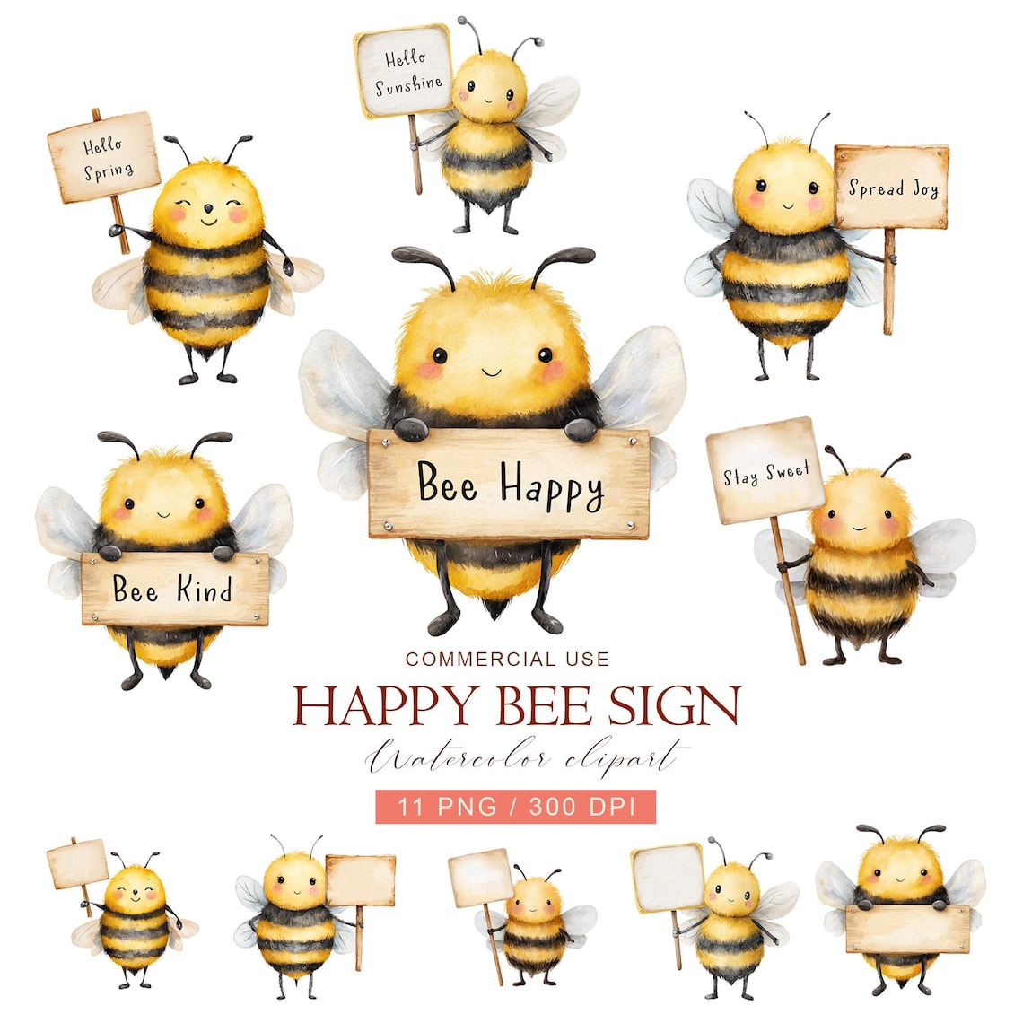 Happy Bee Sign Clipart | Cute Bee Holding Sign | Watercolor Bumblebee ...