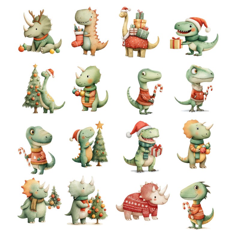 Christmas Dinosaur Clipart Set – Watercolor Dinosaurs Decorating ...