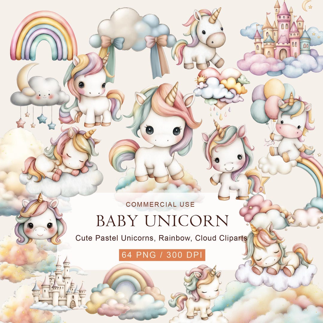 Baby Unicorn Clipart PNG Bundle | Cute Pastel Unicorns, Rainbow ...