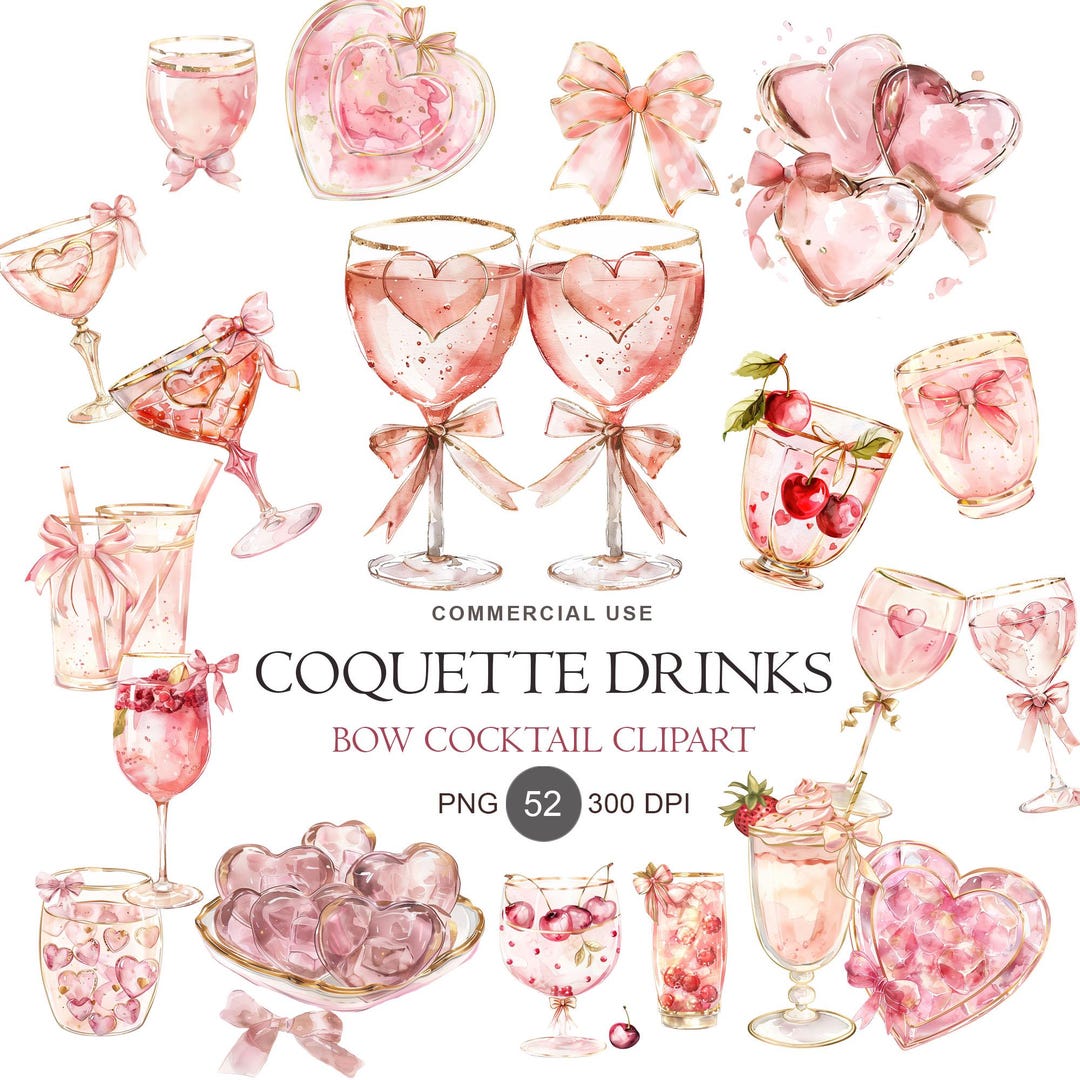 Watercolor Pink Cocktail Clipart, Bow Drink Illustrations (52 PNG Files ...