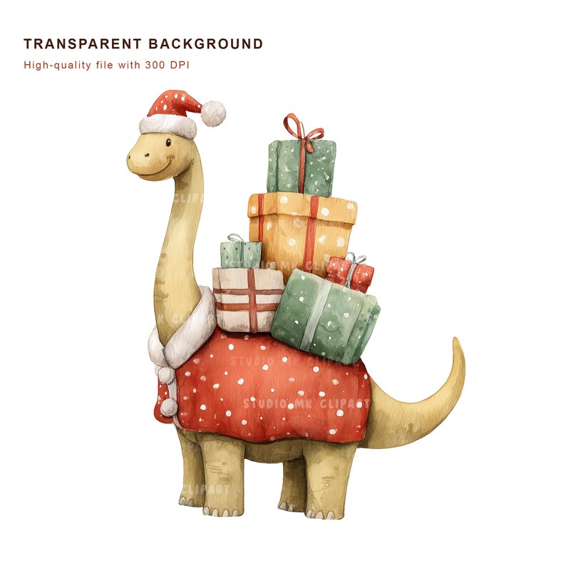 Christmas Dinosaur Clipart Set – Watercolor Dinosaurs Decorating ...