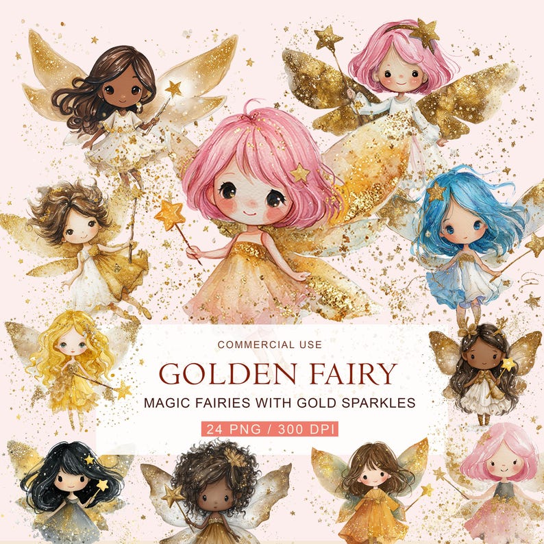 Golden Fairy Clipart Set – Watercolor Pastel Fairies With Gold Sparkles ...