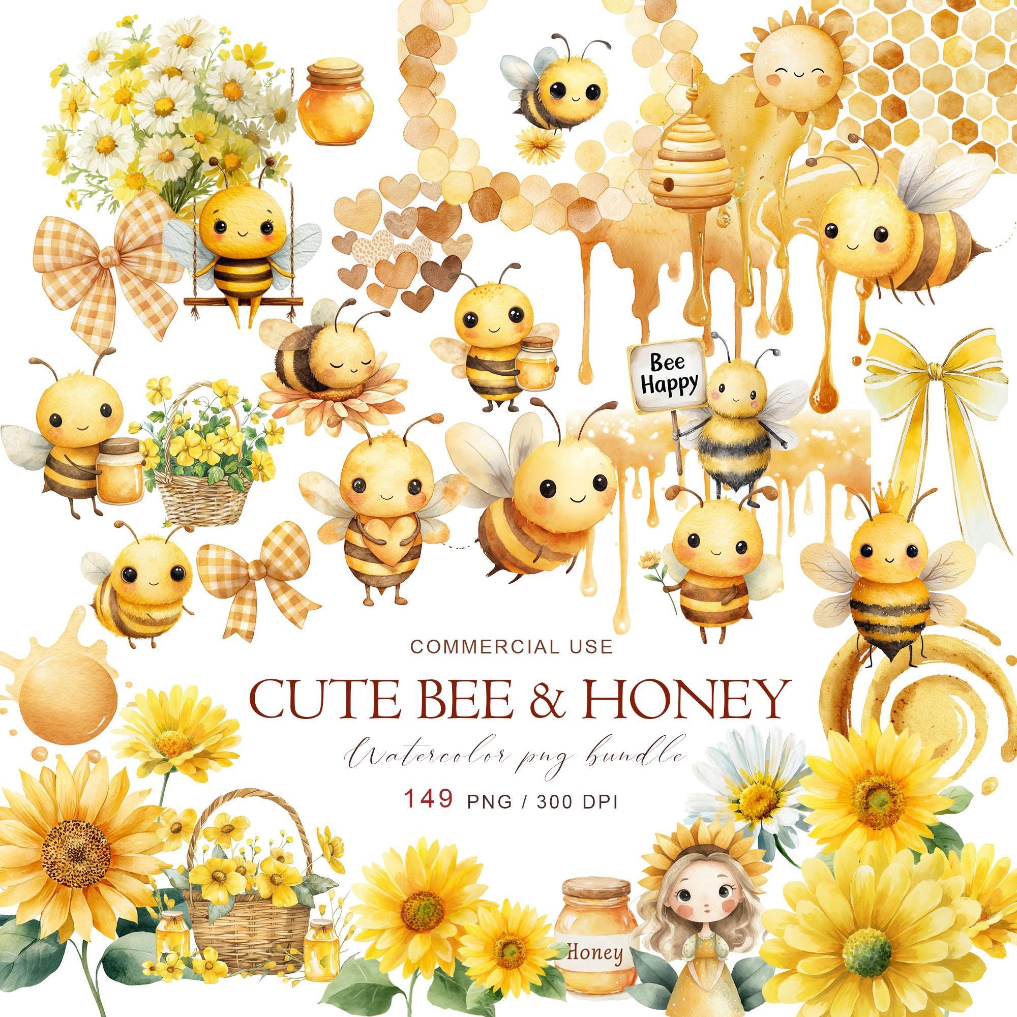 Bee & Honey Watercolor Clipart | Sunflower, Honeycomb (PNG) - Etsy