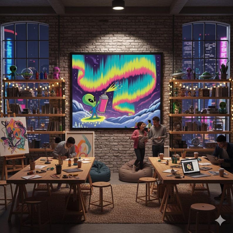 Alien Painting the Northern Lights – Whimsical Outer Space Wall Art ...