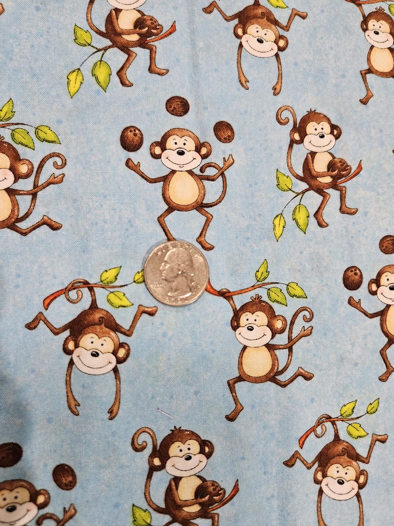 Playful Monkeys Cotton Fabric: Baby Blue Whimsical Print for Crafts ...