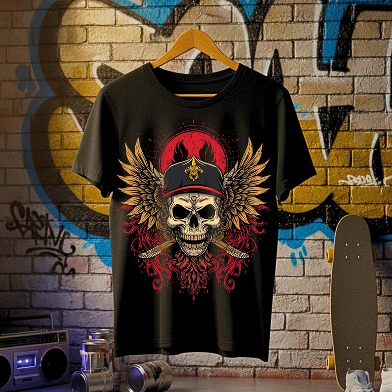 T-SHIRTS Skull Wings Design, Gothic Scout Hat, Biker Style Graphic Tee ...