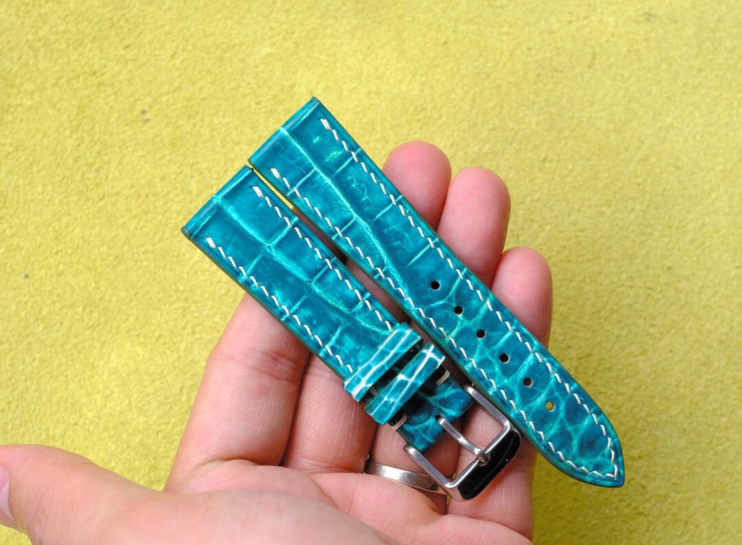Classic Alligator Watch Strap Patina Blue, Handmade Exotic Leather Band ...