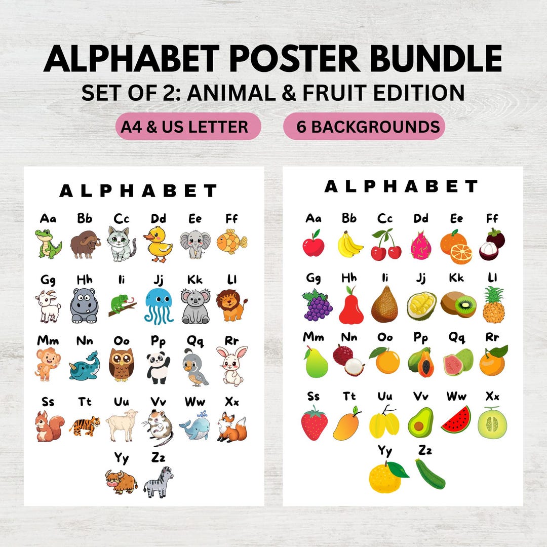 Animal and Fruit Alphabet Poster Set Kids Nursery Decor Digital ...