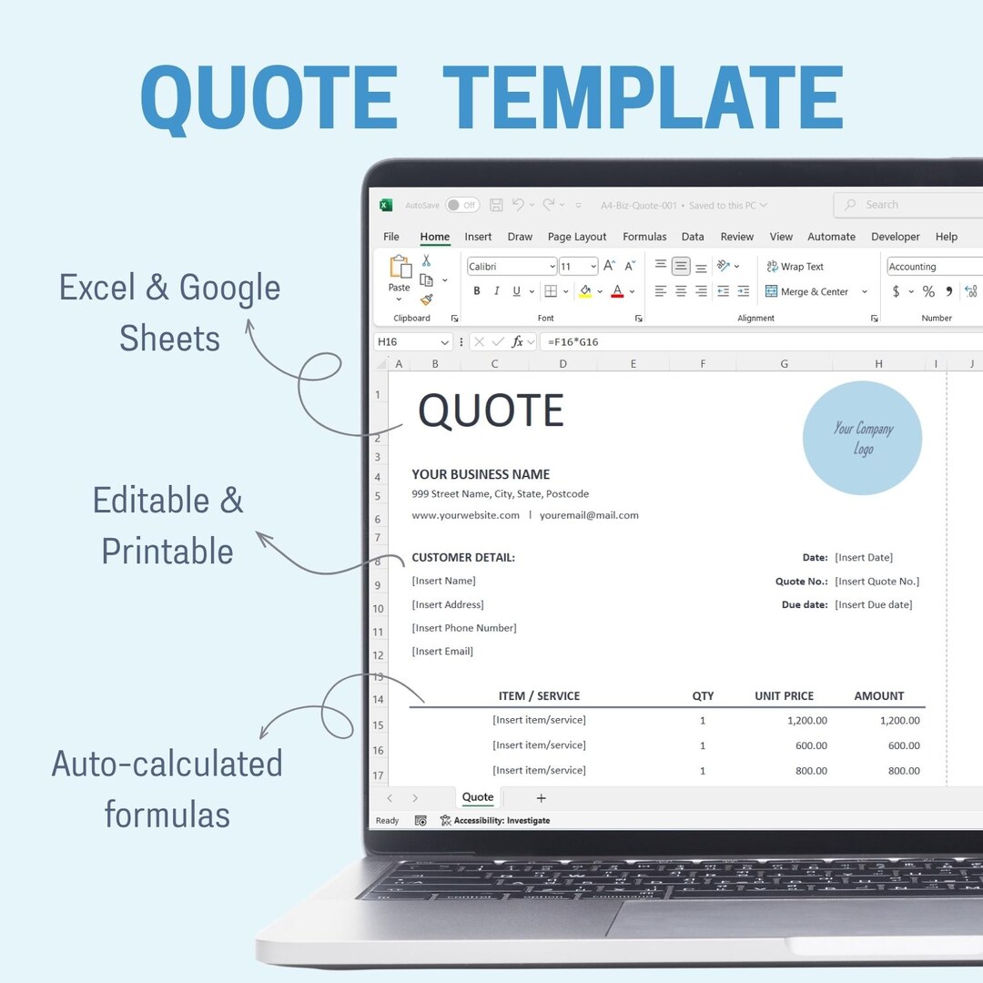 Quote Template | Editable & Printable | Excel and Google Sheets ...