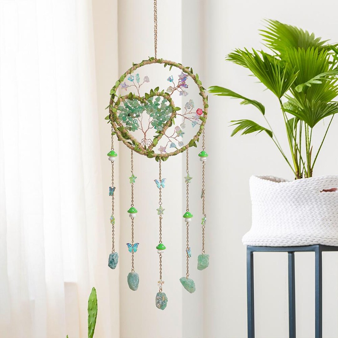 Green Heart Tree Crystal Suncatcher With Natural Stones and Hanging ...