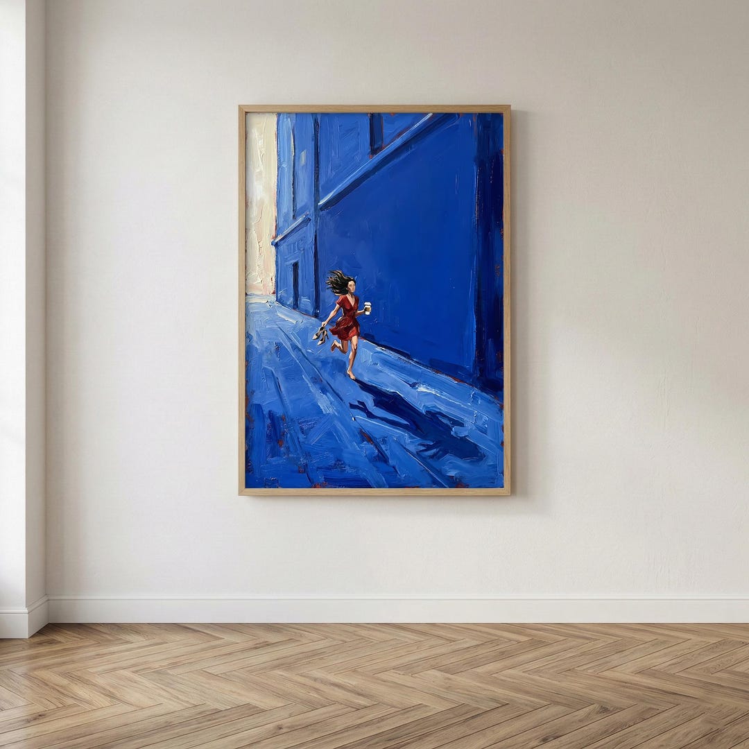 Running Late Wall Art | Bold Blue Figurative Print | Funny Women's ...