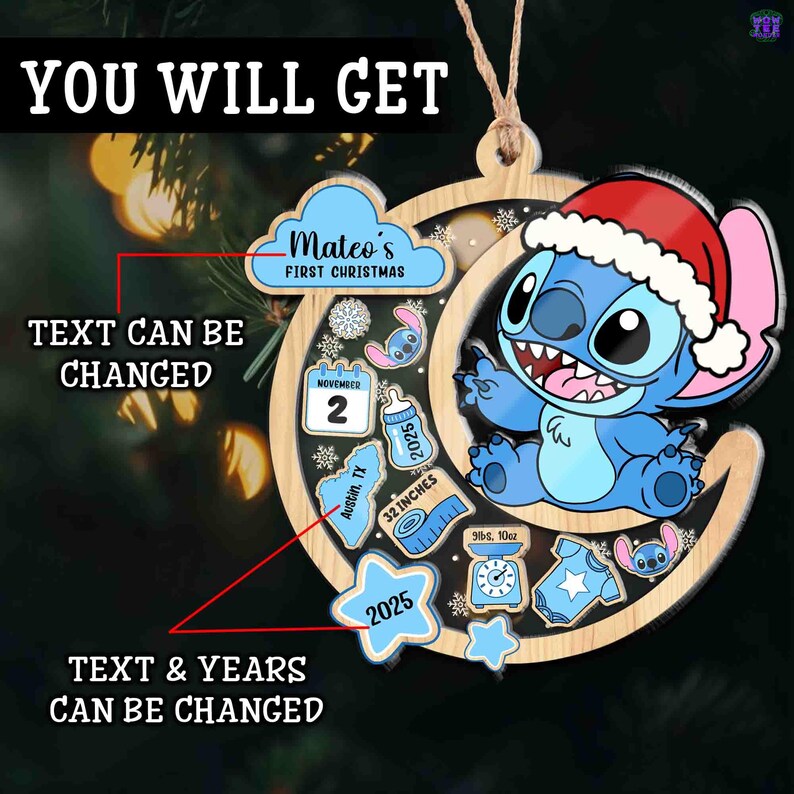 Personalized Stitch Baby's First Christmas Ornament, 2025 Baby 1st ...