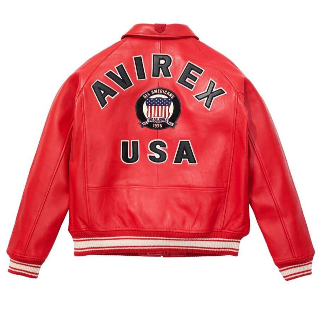 Red Avirex USA Iconic Leather Bomber Jacket Unisex Genuine Cowhide ...