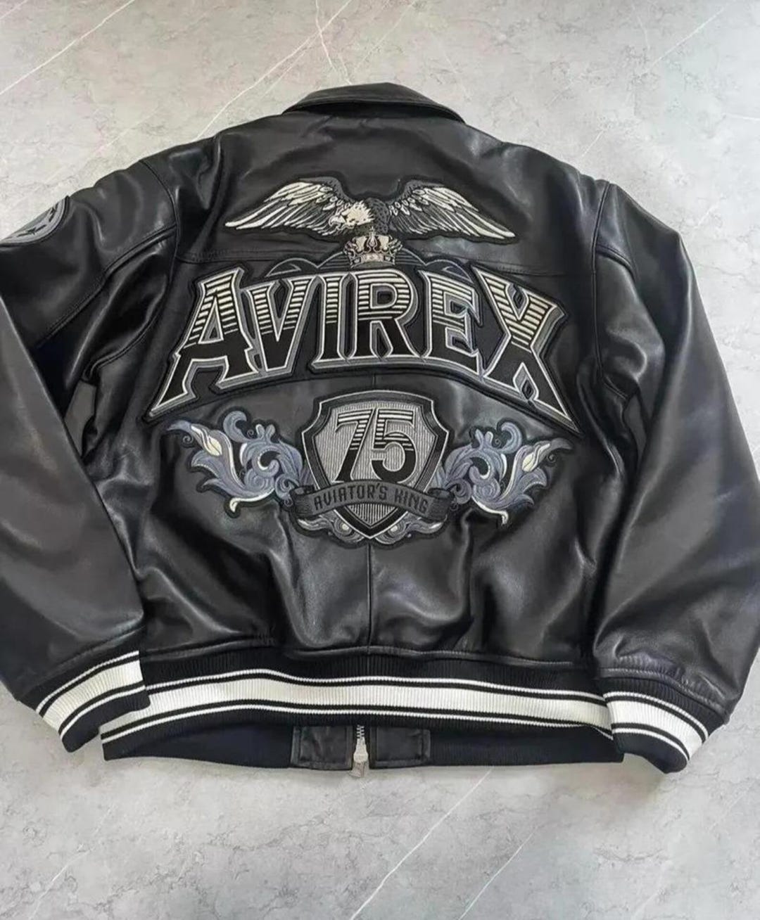 Avirex 75 Black Bomber Leather Jacket Aviator Embroidered Flight Jacket ...