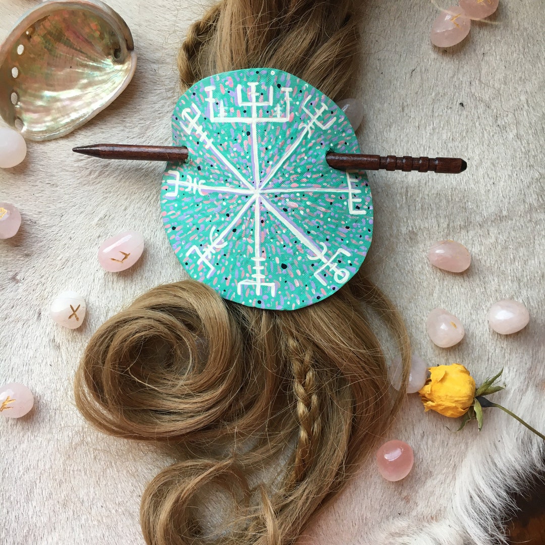 Vegvísir Icelandic Magic Viking Stave | Handmade Painted Leather Hair ...