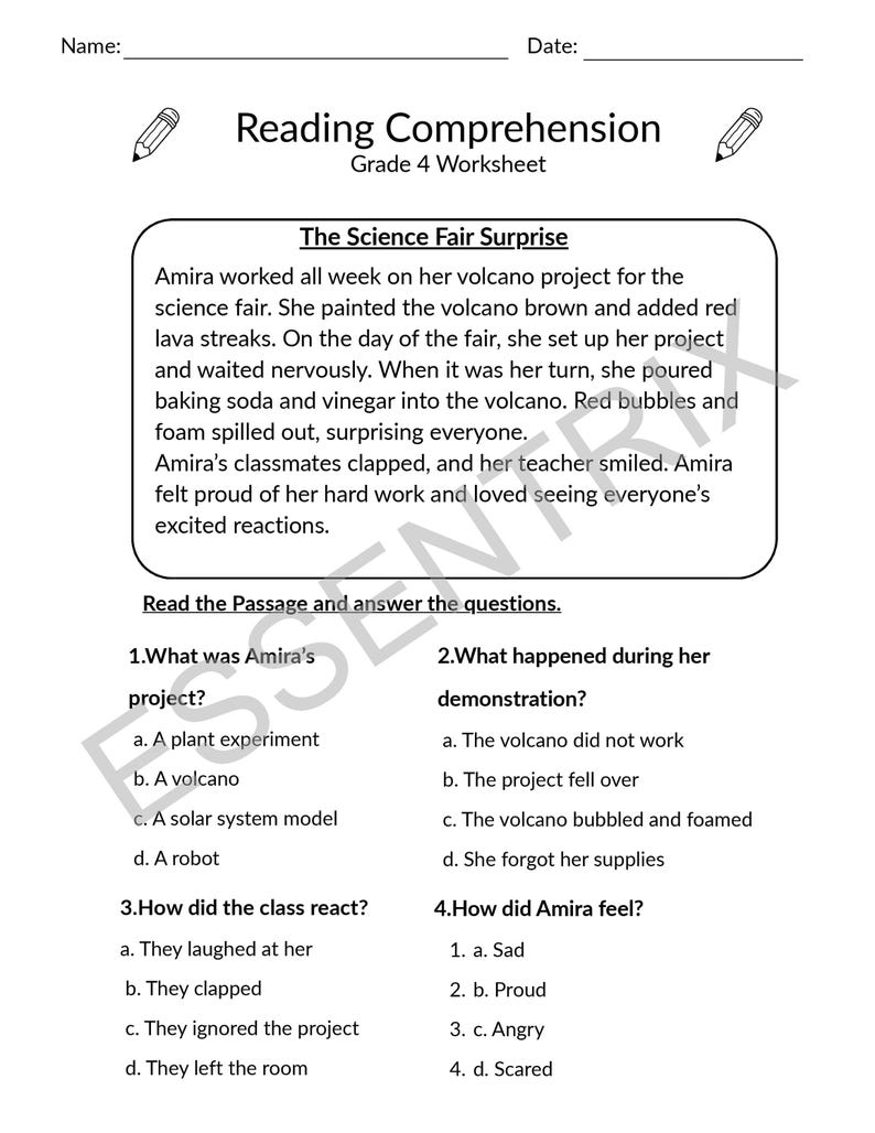 4th Grade Reading Comprehension Worksheets With Questions - Etsy