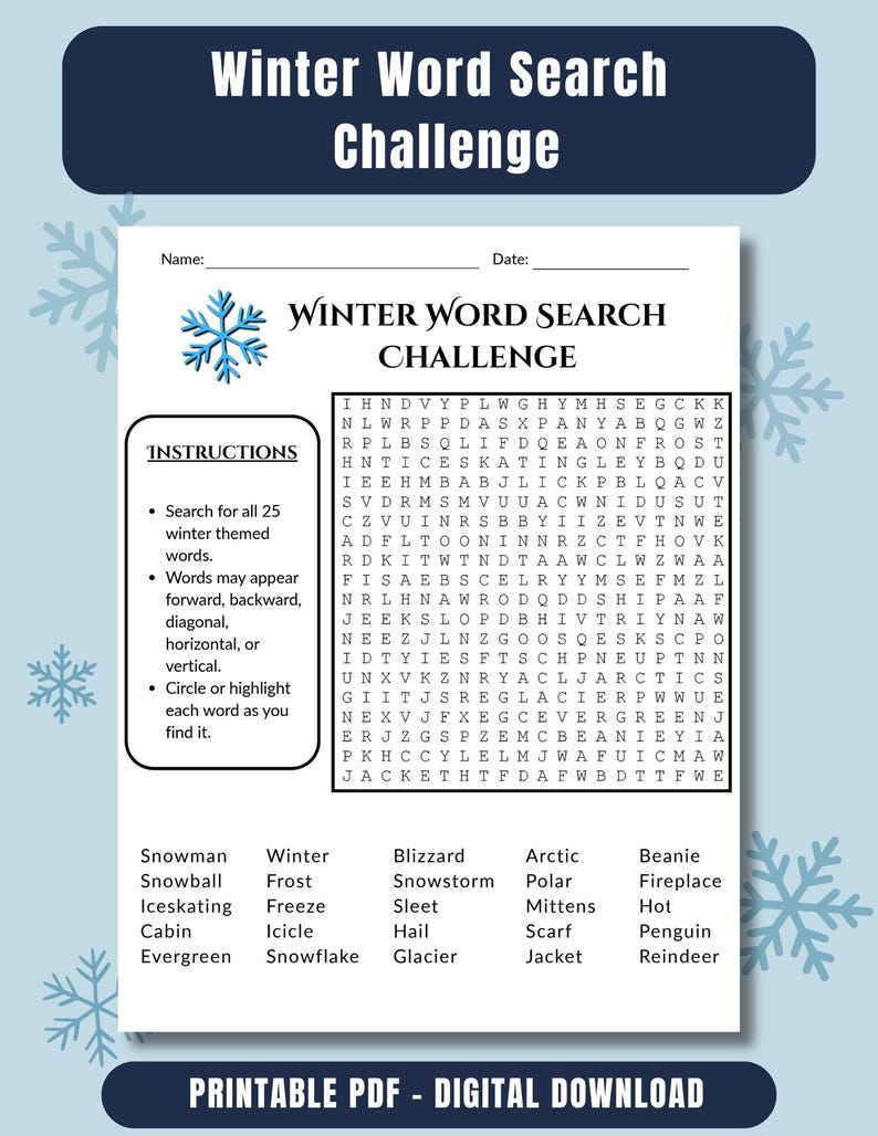 Winter Word Search Challenge Worksheet | 25 Word Puzzle - Etsy