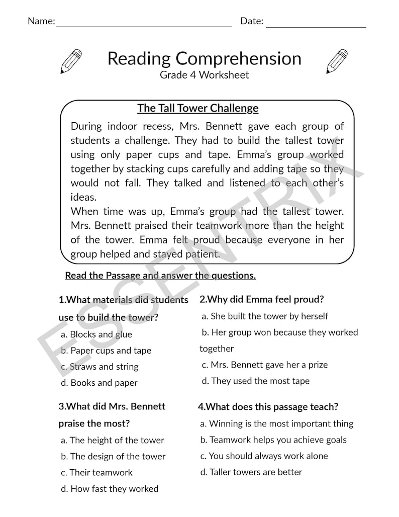 4th Grade Reading Comprehension Worksheets With Questions - Etsy
