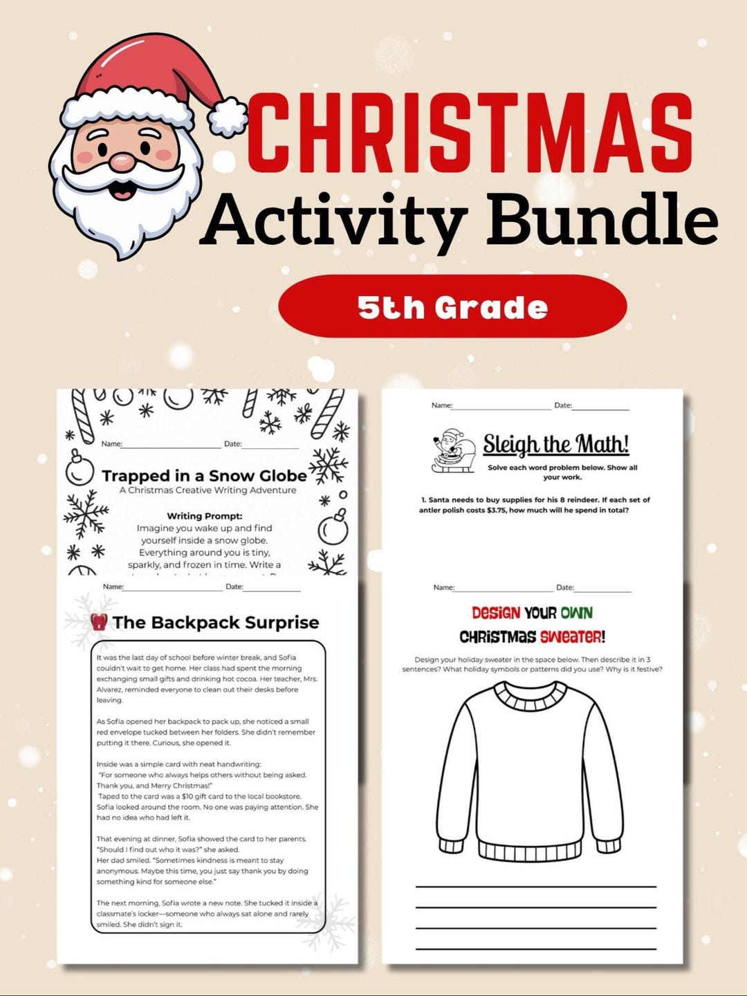 Christmas Activity Bundle for 5th Grade | Writing, Reading, Math & Art ...