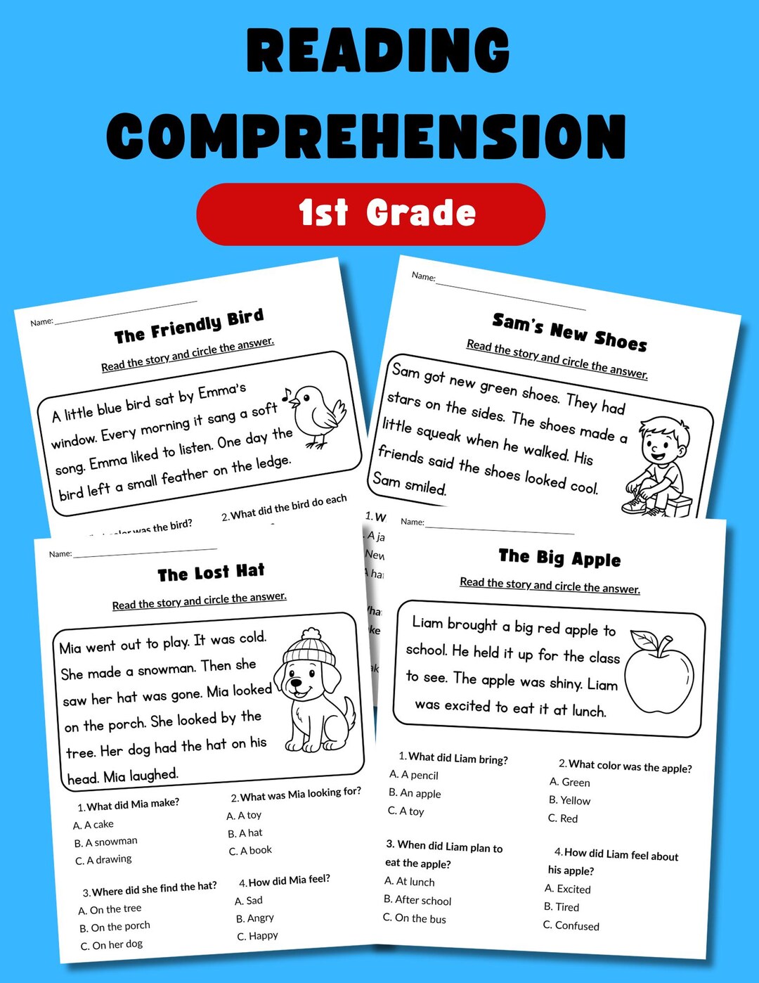 First Grade Reading Comprehension Worksheets, 4 Story Passages With ...