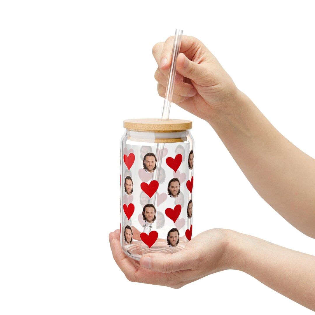 Jared Padalecki 16oz Sipper Glass , Heart Pattern Aesthetic , Clear ...