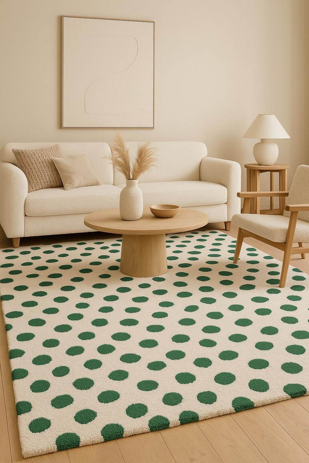 Hand Tufted Modern Green Polka Dot Rug – Minimalist Cream Area Rug ...