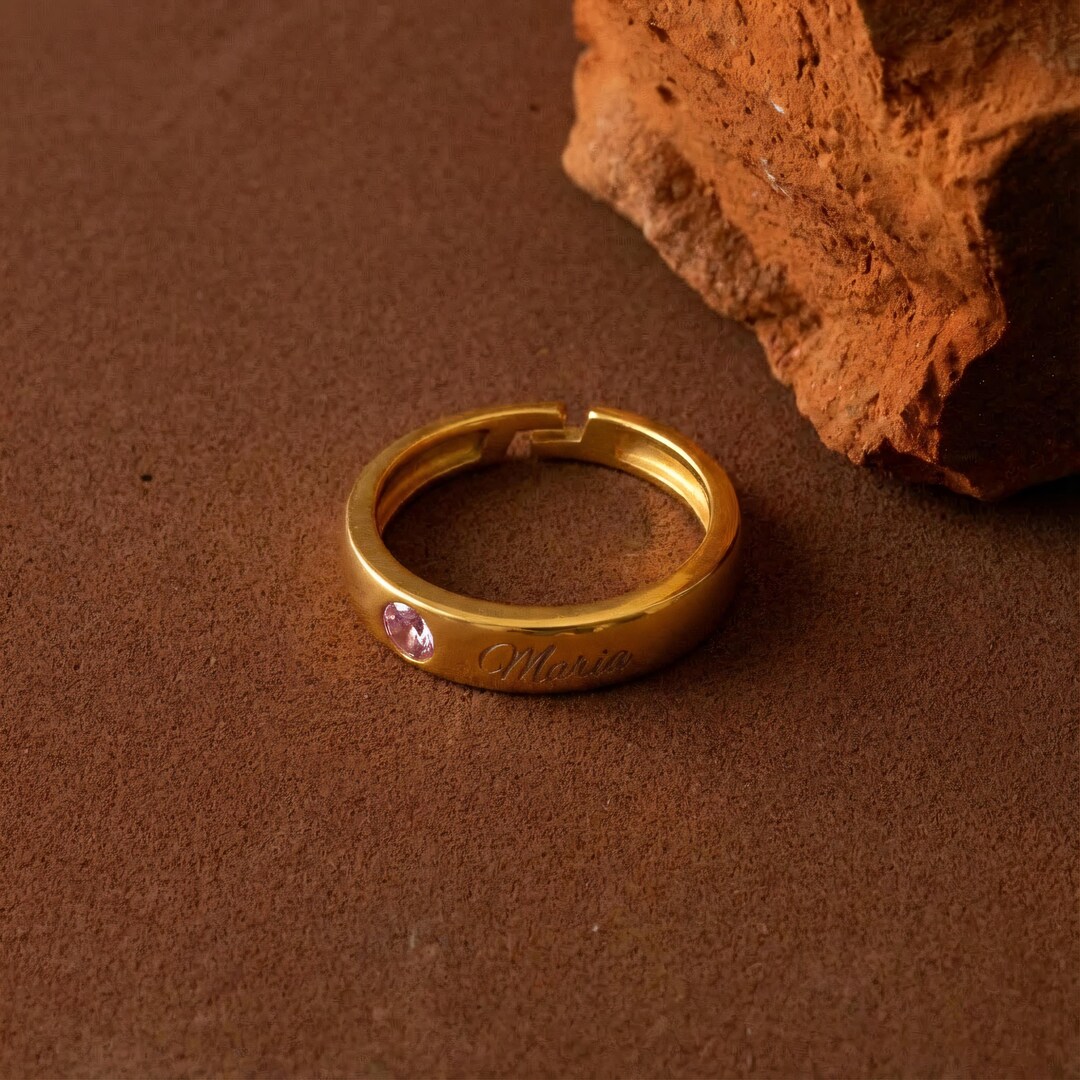 Personalized Birthstone Name Ring ∙ Custom Engraved Ring ∙ 14K Gold ...
