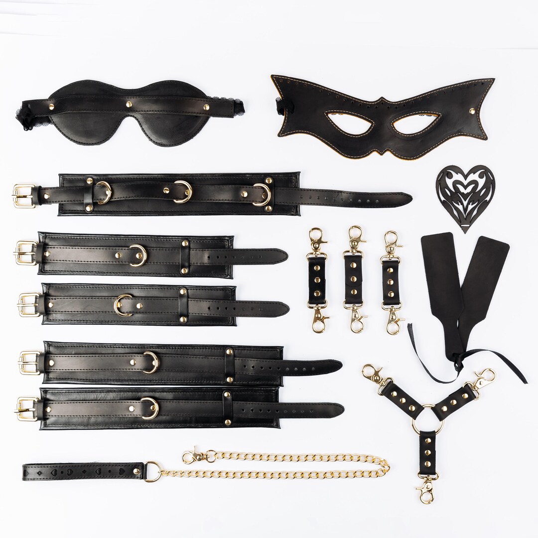 BDSM Set, All-black Leather Bondage Kit, Luxury Leather Restraints ...