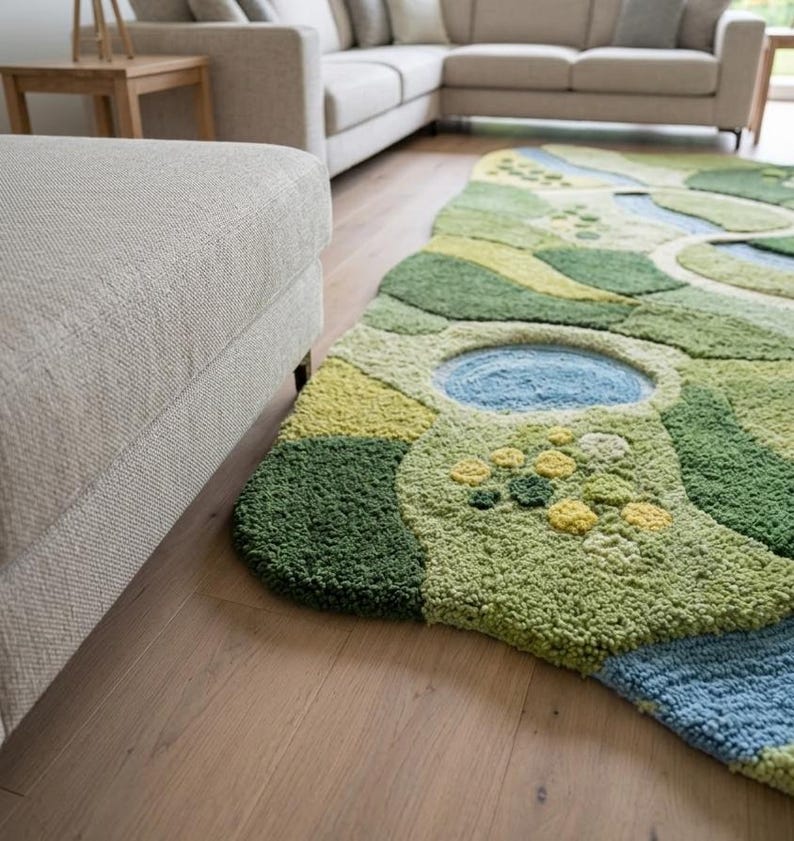 Organic Shape Landscape Rug – River Flow Design Tufted Wool Rug, Nature ...