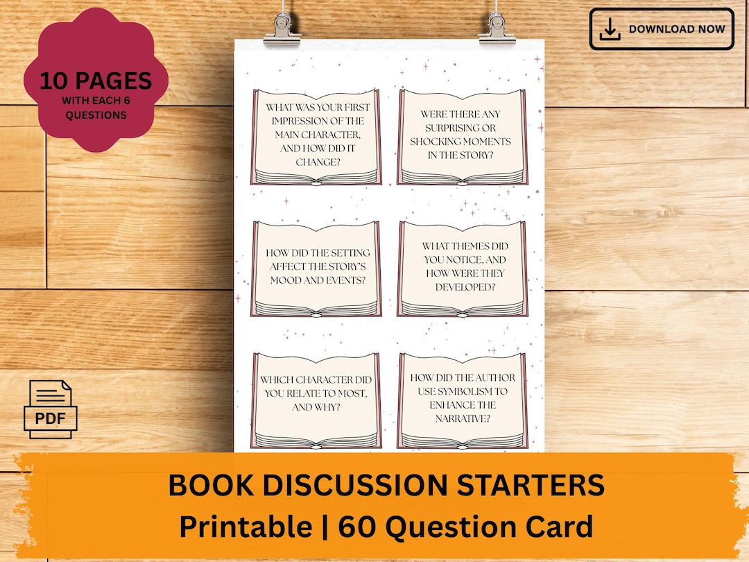 Book Discussion Starters Printable PDF: 60 Question Cards for Book Club ...