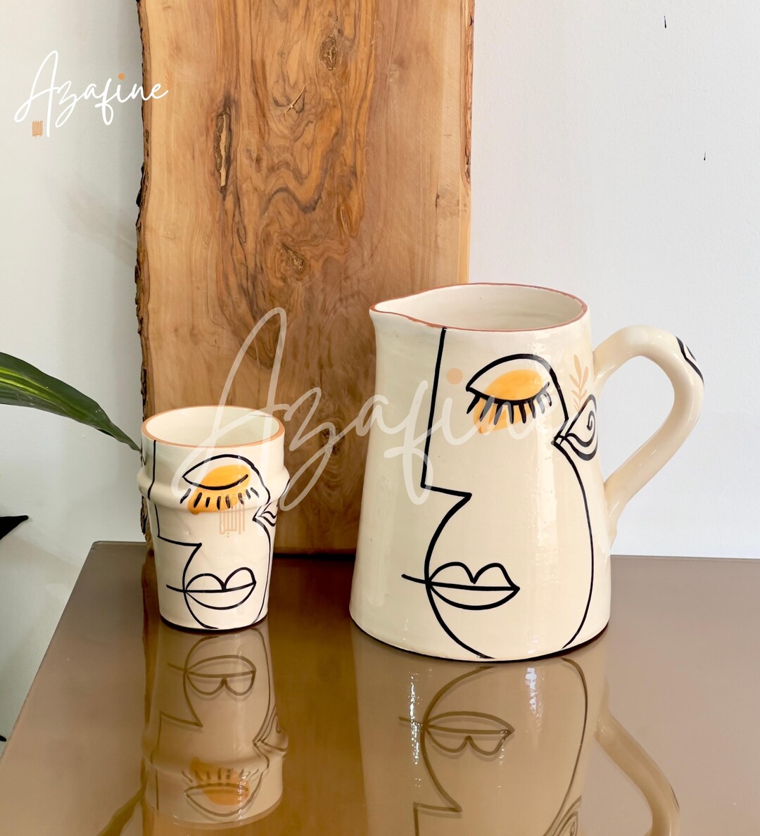 Handmade Ceramic Face Line Pitcher & Cups Set, Decorative Water Pitcher ...