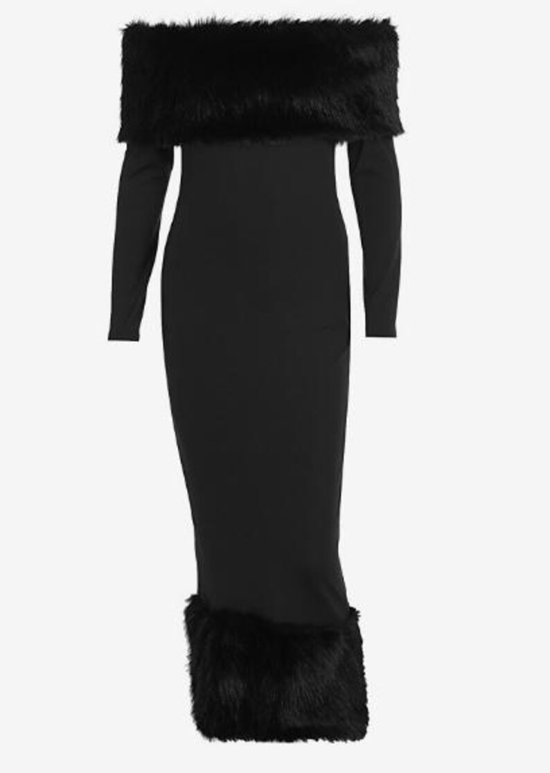 Evening Gown: Luxury Faux Fur Off-shoulder Long Sleeve Bodycon Formal ...