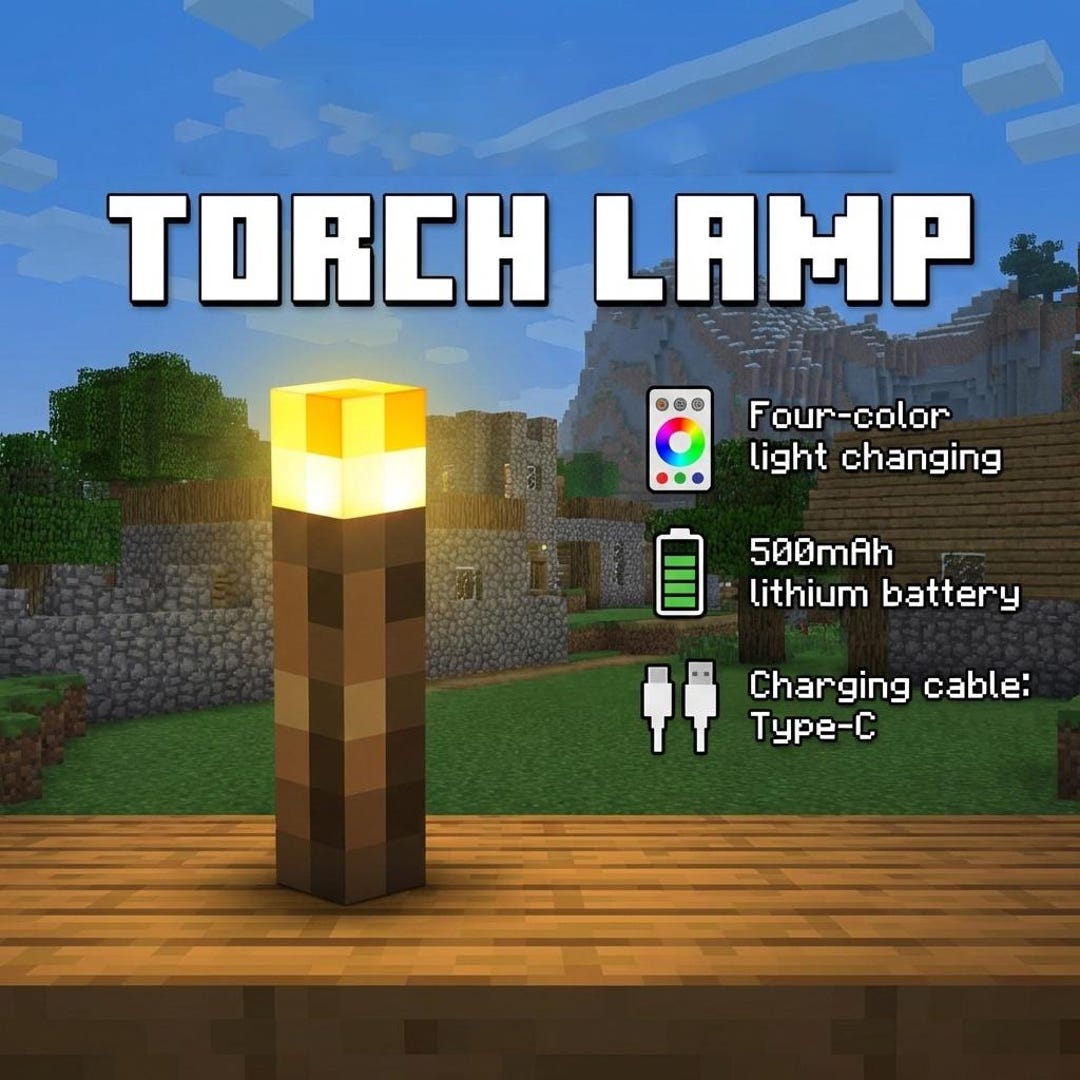 MC Torch Wall Lamp, Pixel Game LED Night Light, 4-color Changing Decor ...